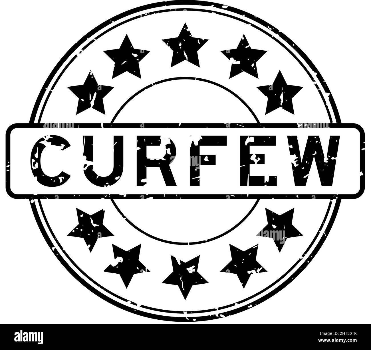 Grunge black curfew word with star icon round rubber seal stamp on ...