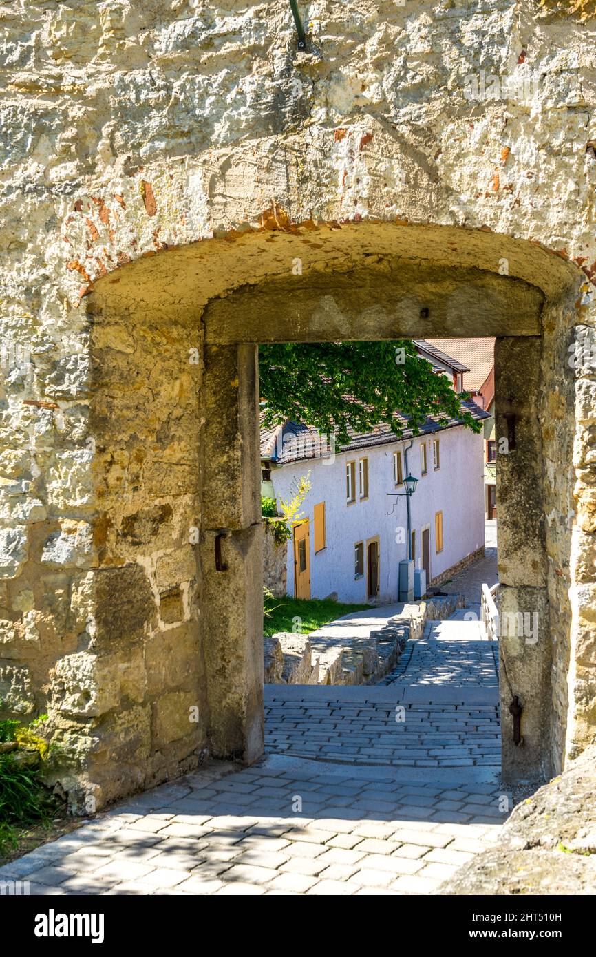 Vertical of a cobbled alley in a medieval town in a sunny day Stock ...