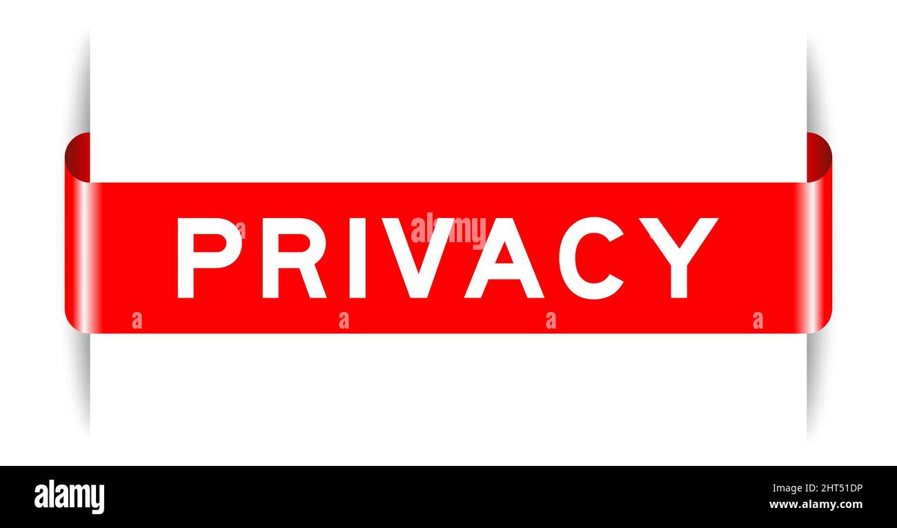 Red color inserted label banner with word privacy on white background ...