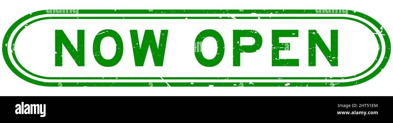 Grunge green now open word rubber seal stamp on white background Stock ...