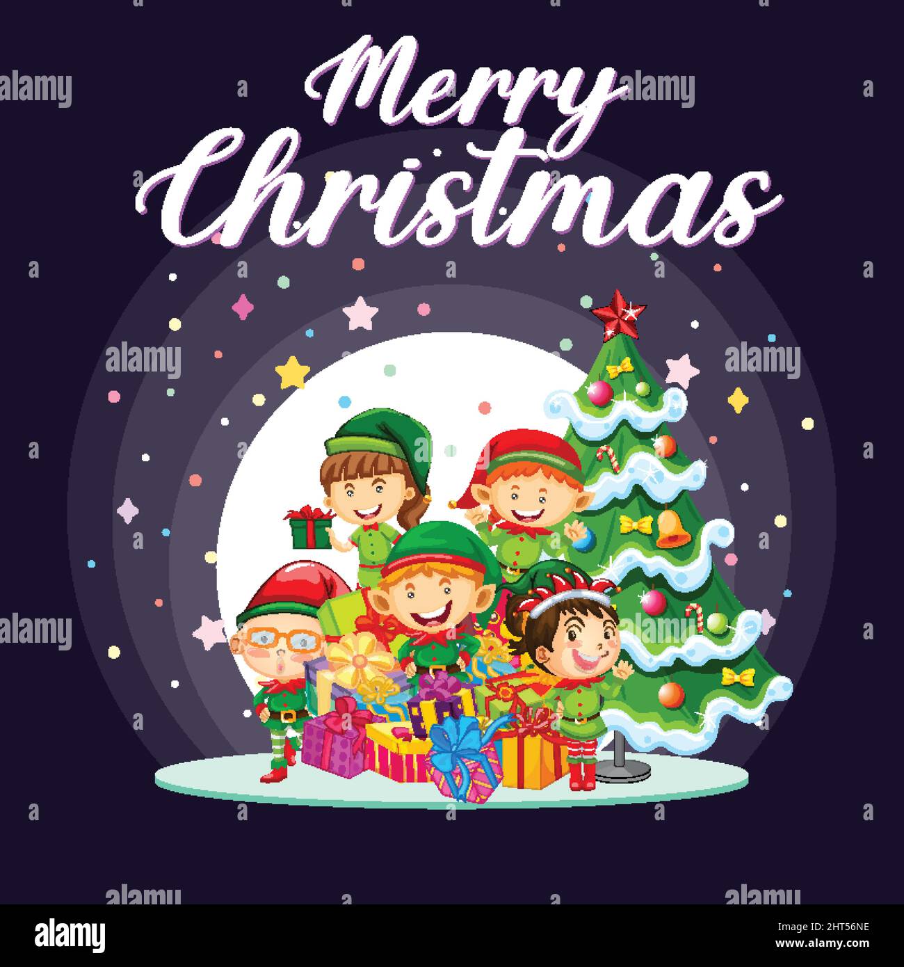 Merry Christmas poster design with cute elves group illustration Stock ...