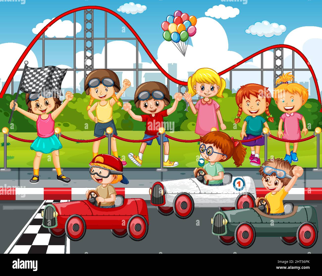 Outdoor scene with children racing car illustration Stock Vector Image ...