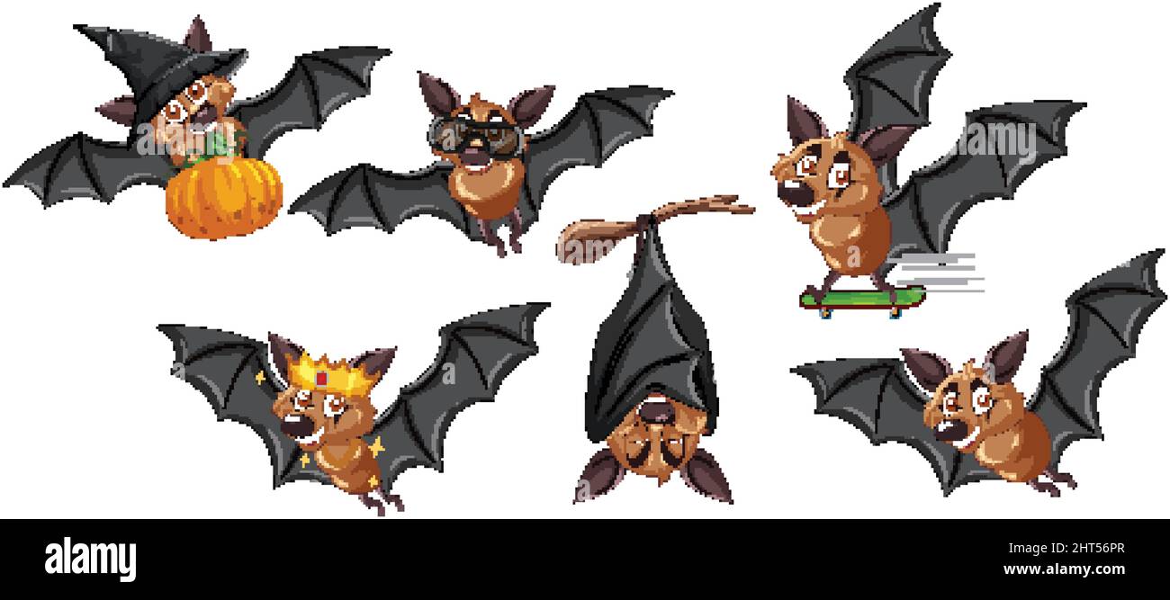 Set of different cute bats in cartoon style illustration Stock Vector ...