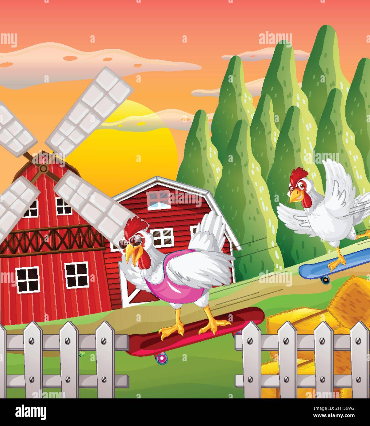 Farm scene with chicken riding on skateboard illustration Stock Vector ...