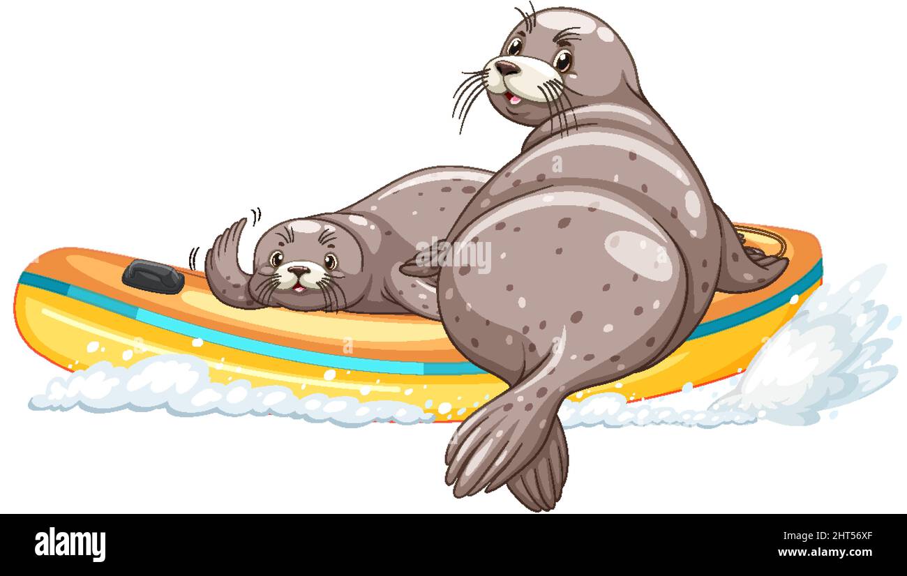 Seals on inflatable boat in cartoon style illustration Stock Vector ...