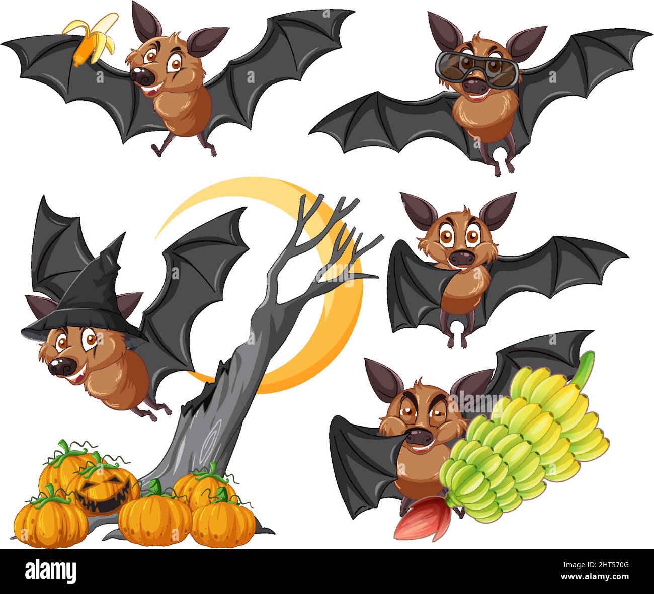 Set of different cute bats in cartoon style illustration Stock Vector ...