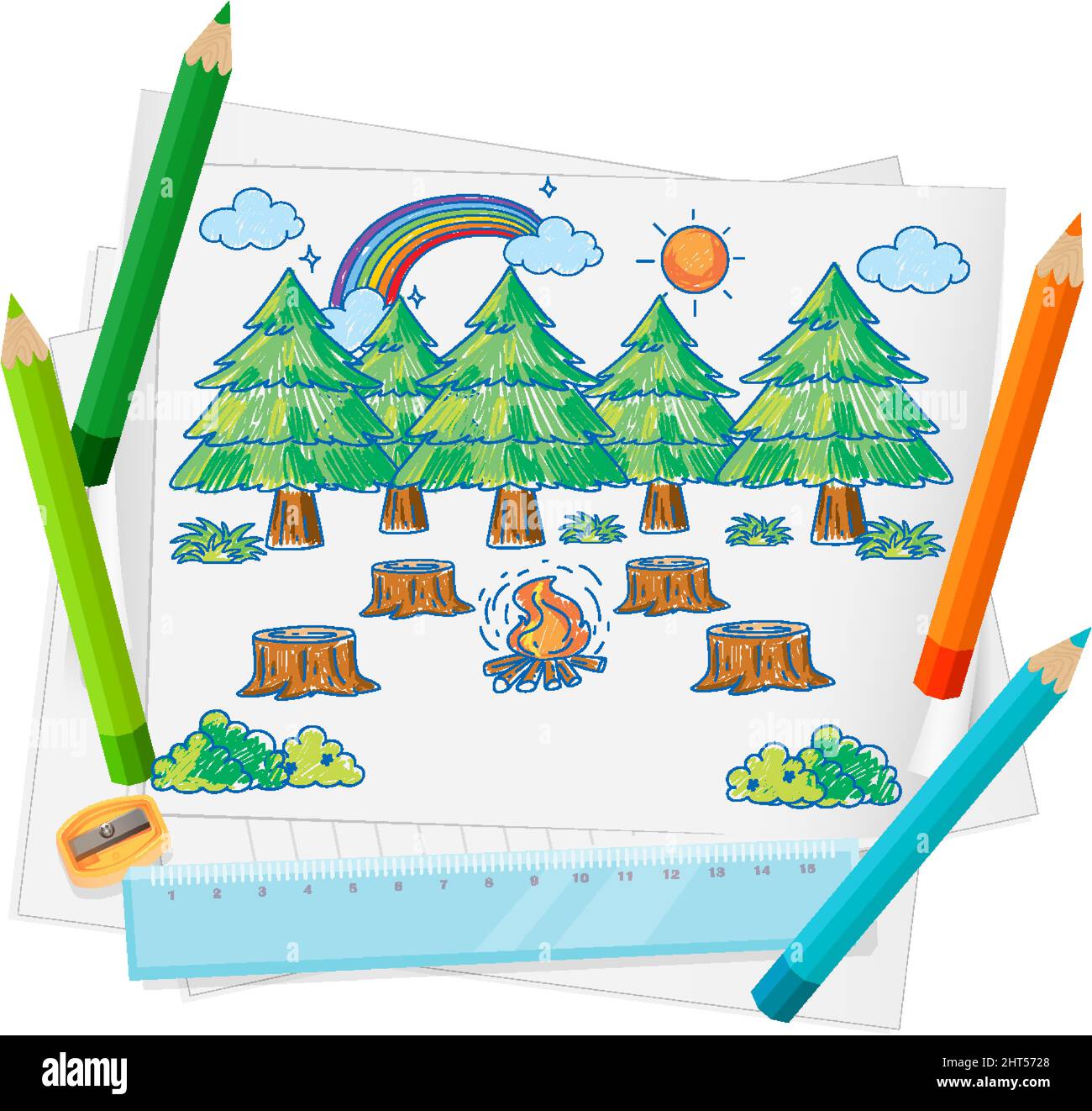 A paper with a doodle sketch design with color and colour pencils ...