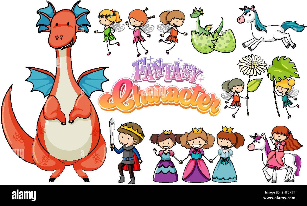 Set of dragons and fairy tale cartoon characters illustration Stock ...