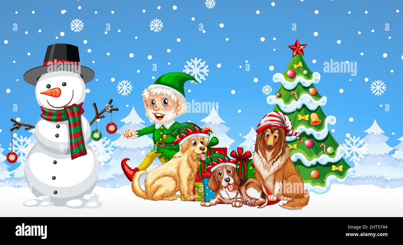 Christmas cartoon characters on snowy blue background illustration ...
