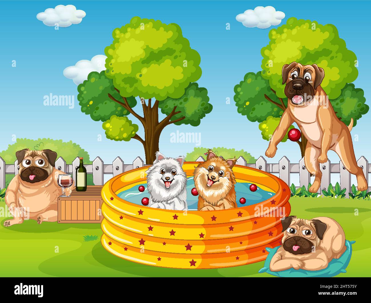 Dogs playing in the pool outside illustration Stock Vector Image & Art ...