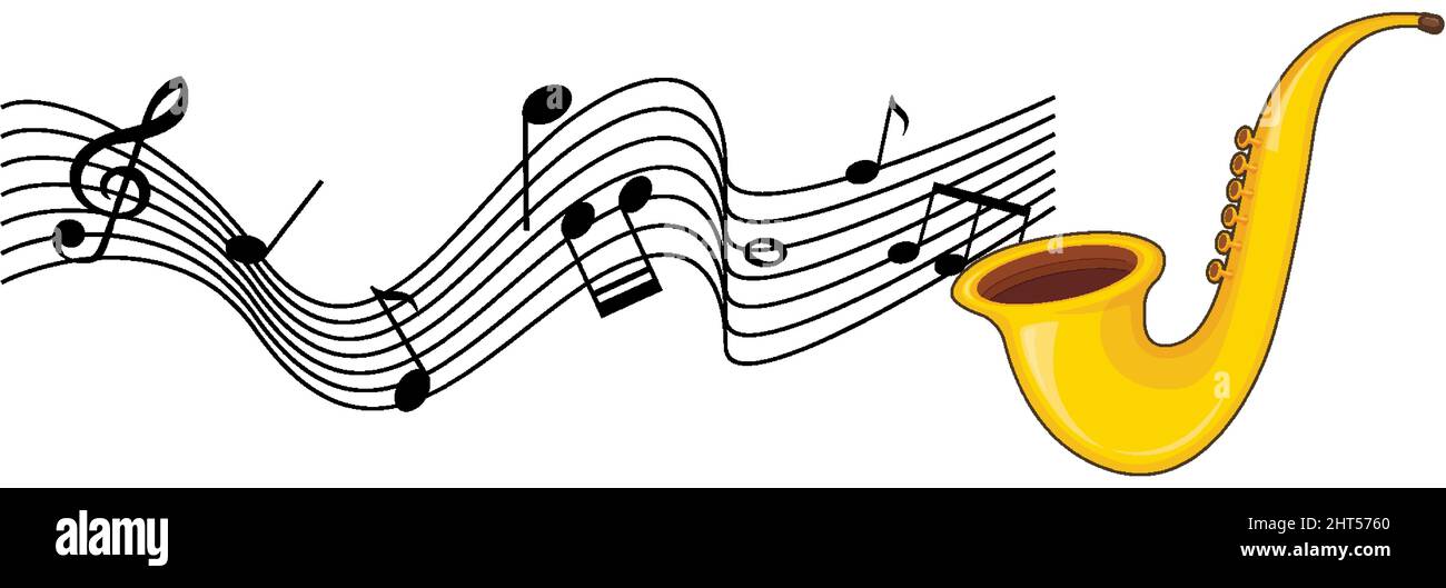 A saxophone with musical notes on white background illustration Stock ...