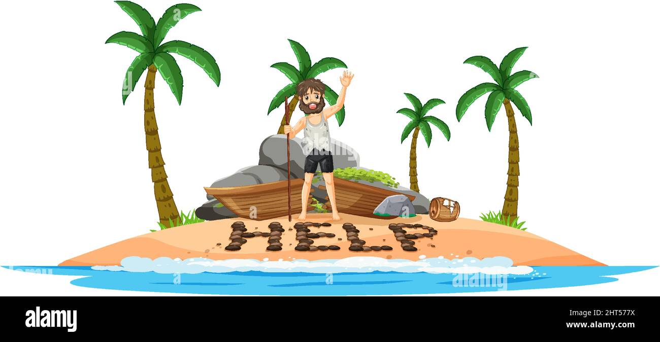 Deserted island with broken boat lying on the beach with help sign ...