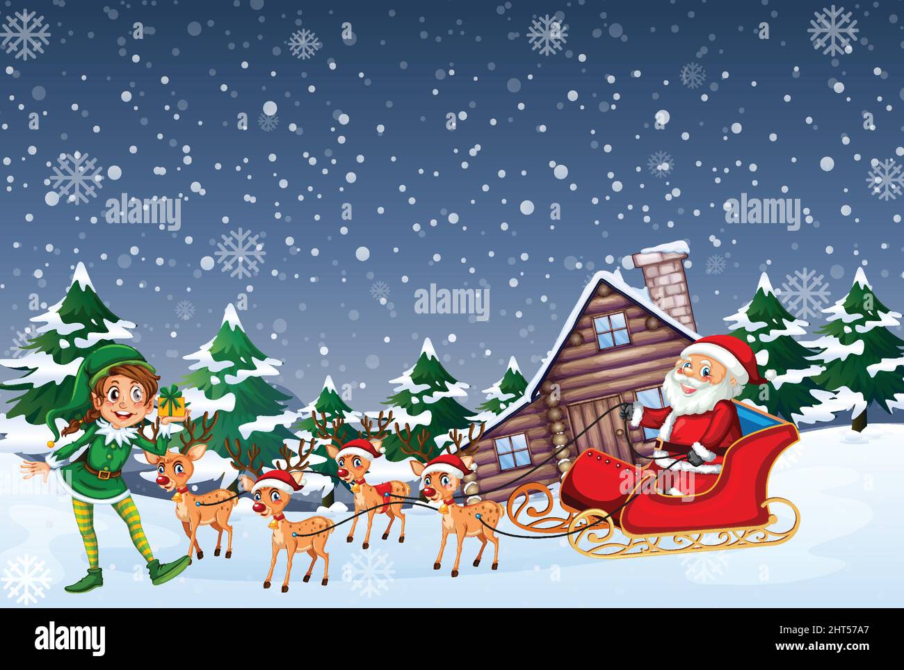 Snowy night scene with Christmas cartoon characters illustration Stock ...