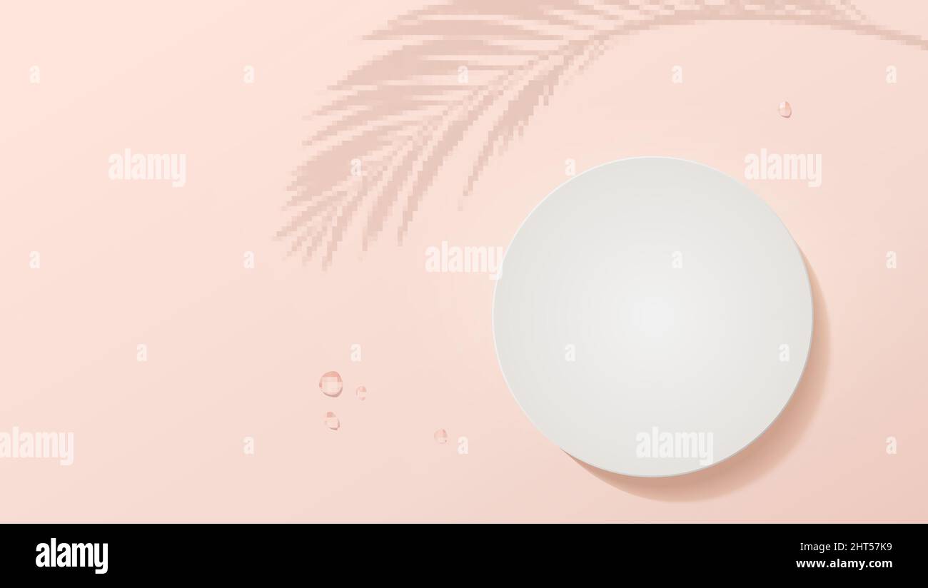 Top down view to white podium in product studio. Drops of water on ...