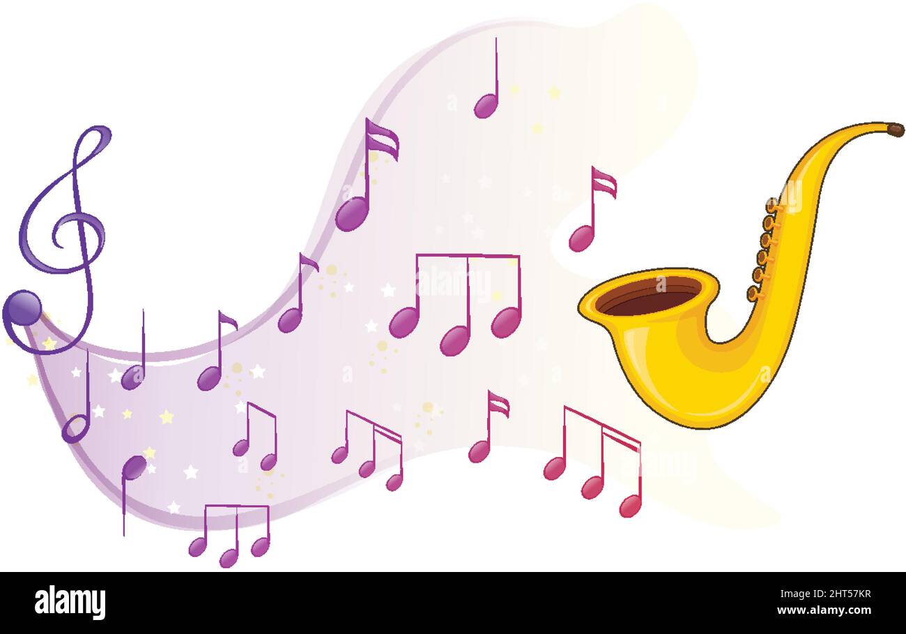 A saxophone with musical notes on white background illustration Stock ...