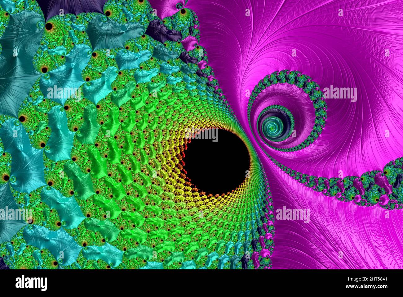 Digital art piece of spiral-like green and pink spirals with visual ...