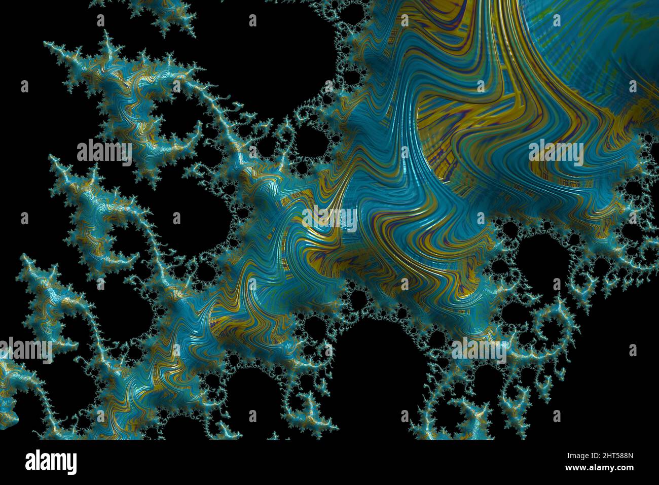 Illustration of turquoise fractal design with yellow stains on a dark ...