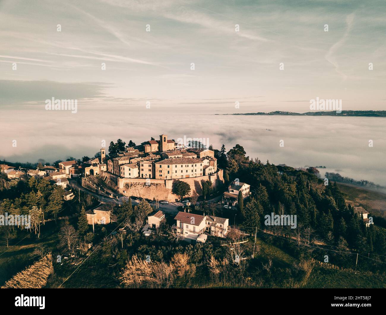 Aerial view of the medieval village of Piticchio di Arcevia in the ...