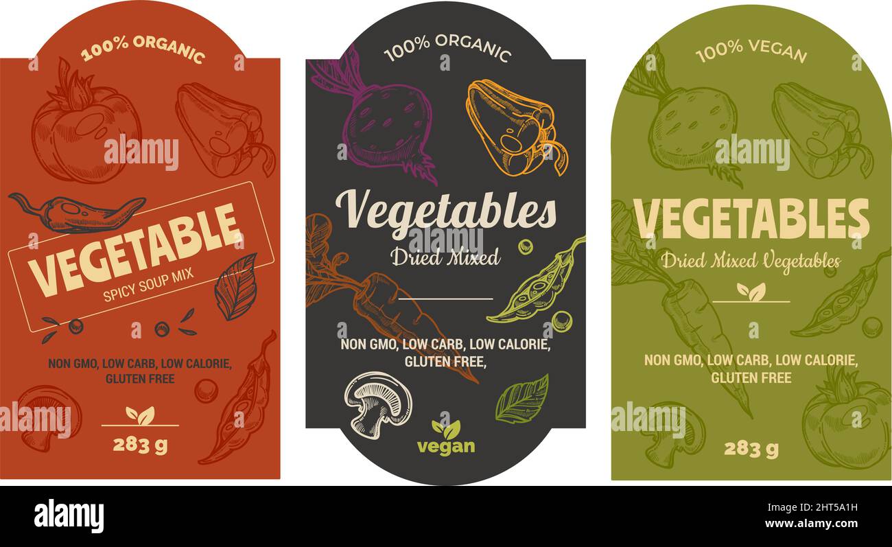 Dried mixed vegetables, pack for soup labels set Stock Vector Image ...