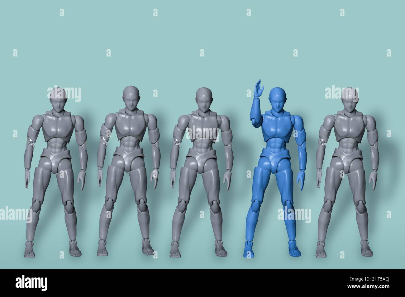 3D illustration of the blue male figure standing out of the line on the ...