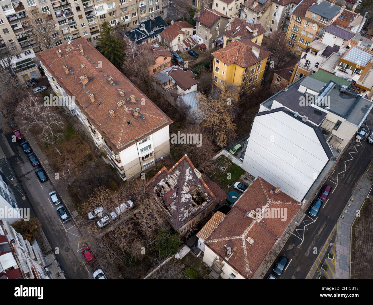 Aerial view of old residential buildings and a cityscape Stock Photo ...