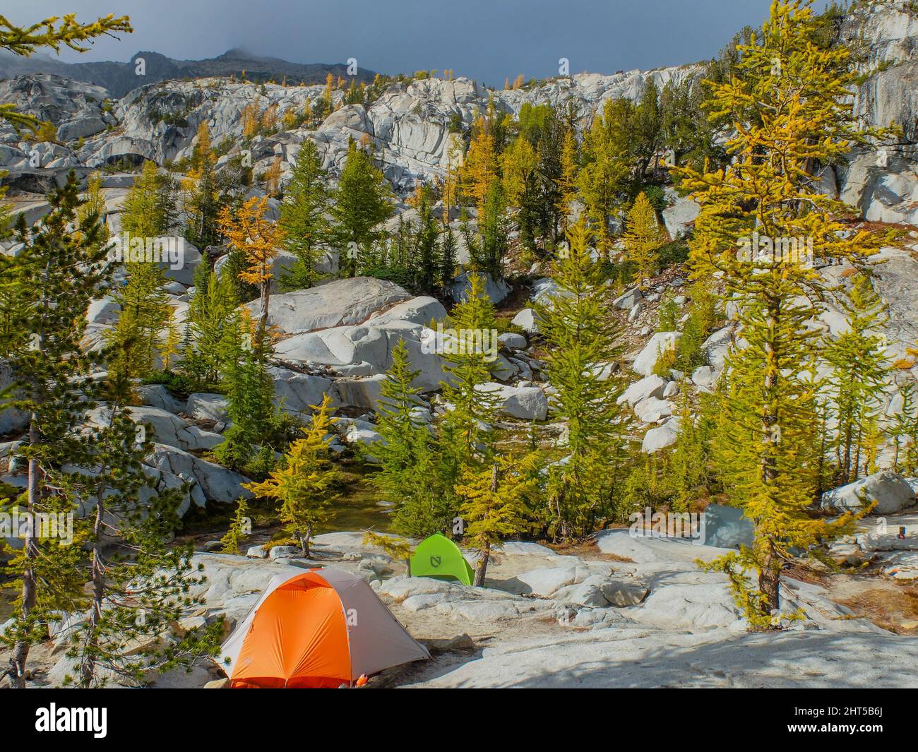 Closeup of backpacking with two tents setup Stock Photo - Alamy