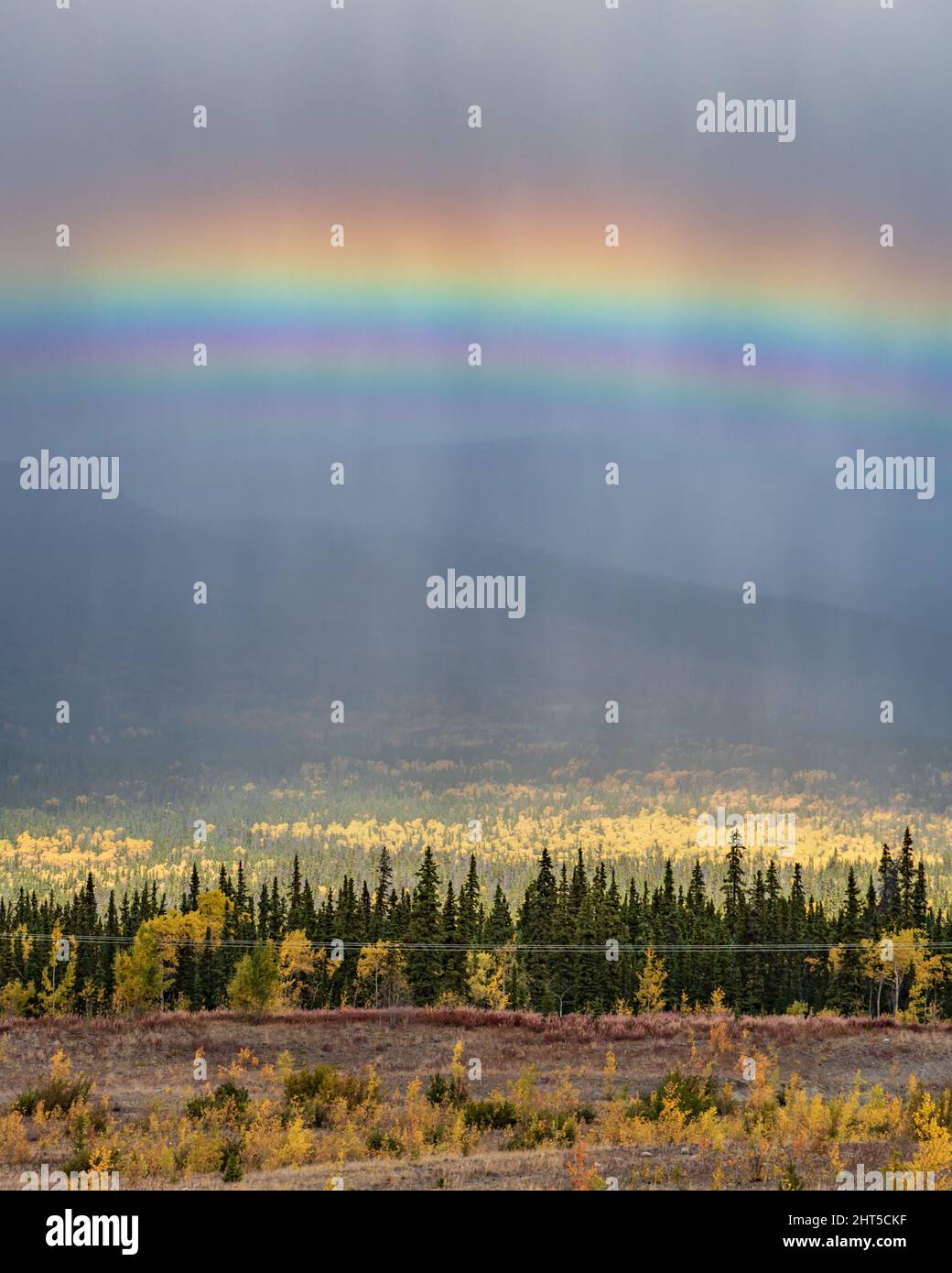 Wilderness area of Canada in fall, autumn season with rainbow after a ...