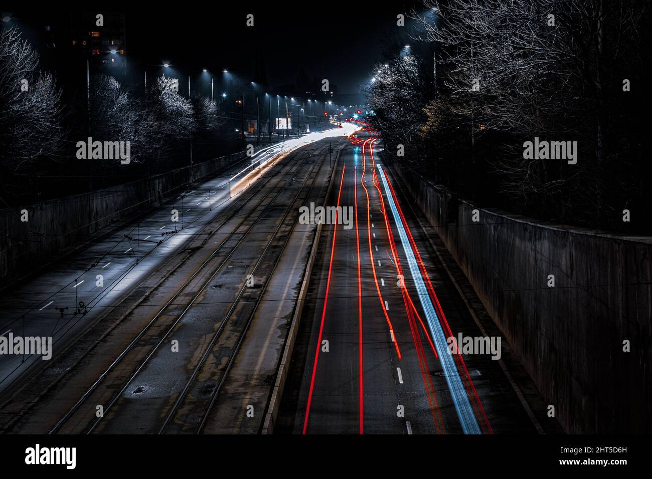 Night photo from high bridge showing red lights of cars Stock Photo - Alamy