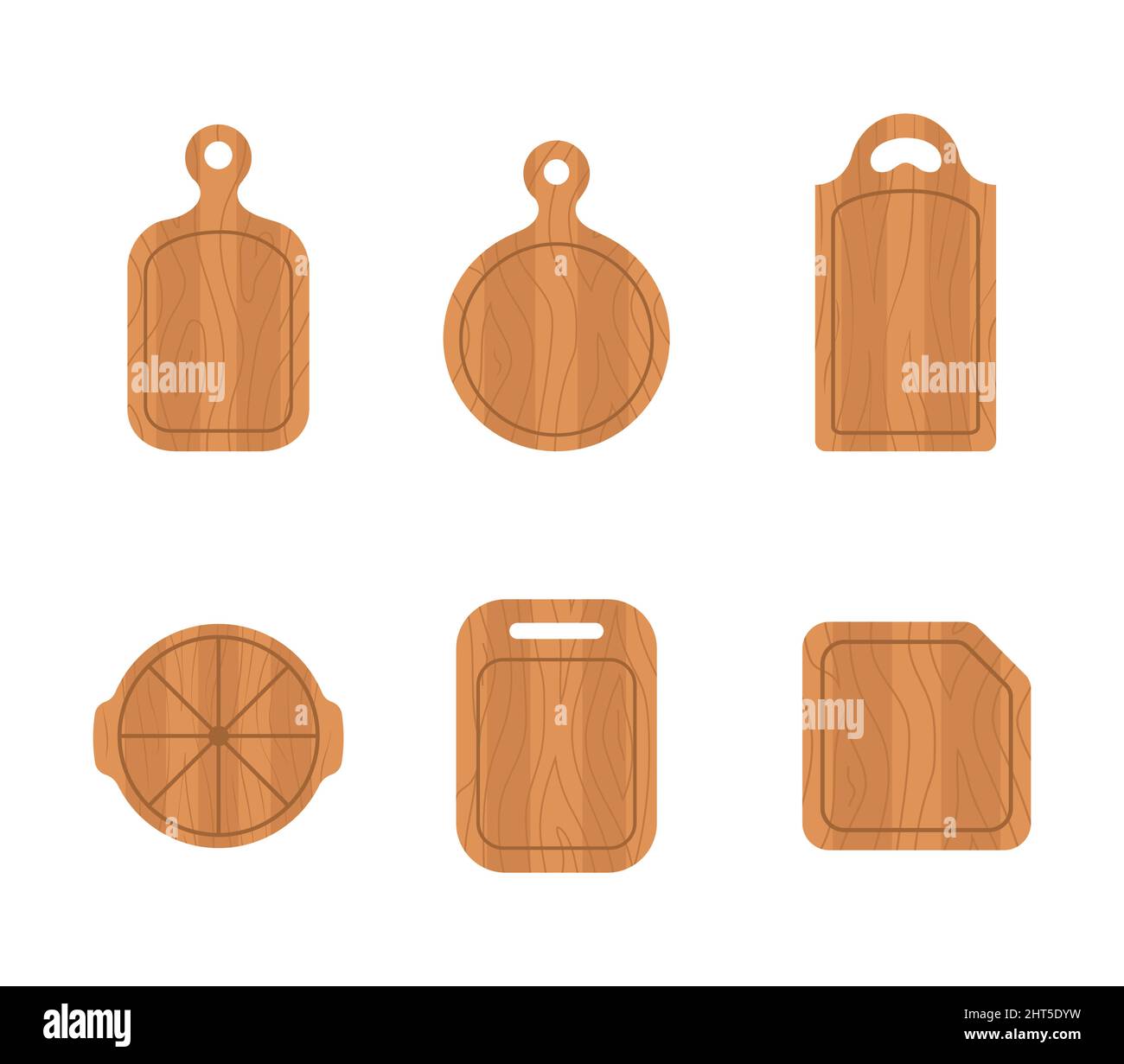 Set of wooden cutting boards. Kitchen tools of various shapes. Top view ...
