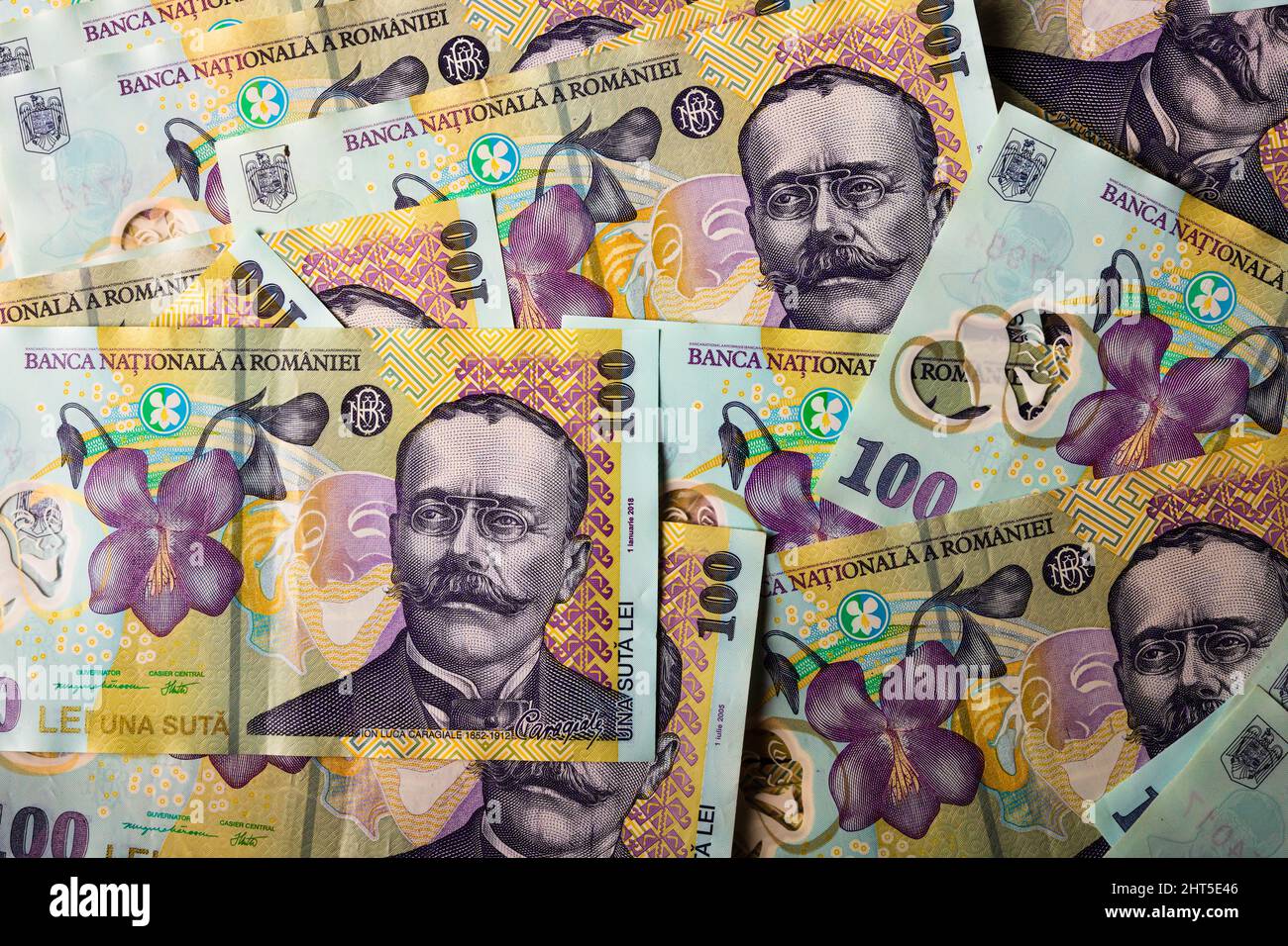 Closeup shot of 100 leu banknotes spread out on the black surface Stock ...