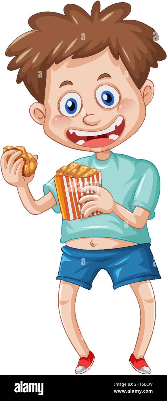 A boy eating fast food on a white background illustration Stock Vector ...