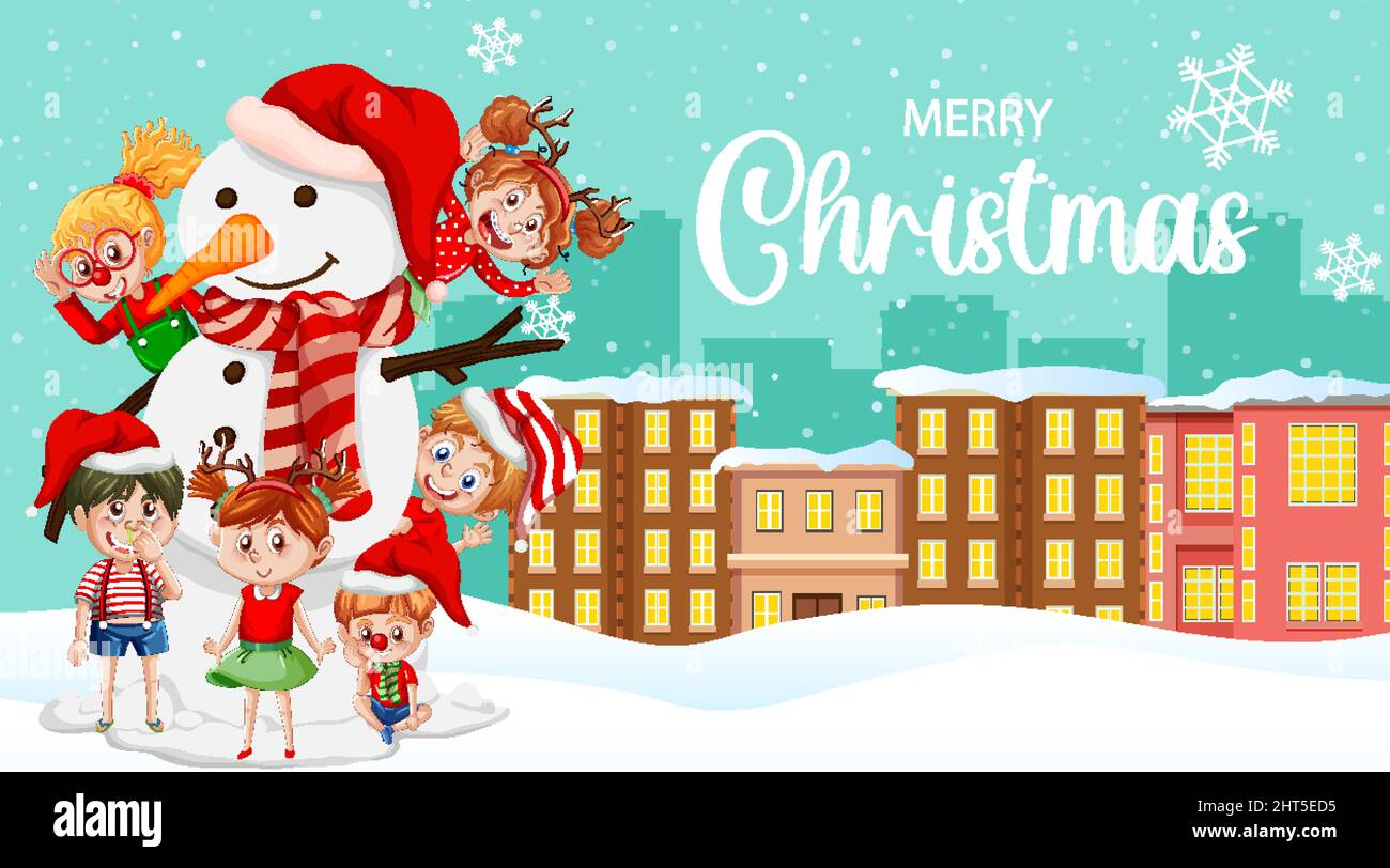 Merry Christmas post card design with happy children and snowman ...