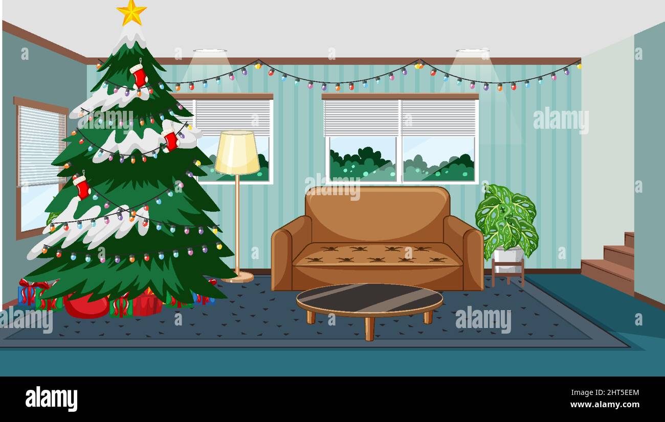 Empty living room with Christmas tree illustration Stock Vector Image ...