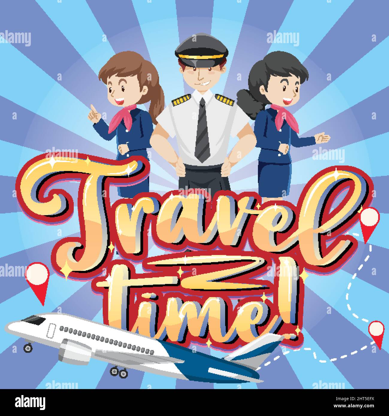 Travel Time banner design with aircrews cartoon characters illustration ...