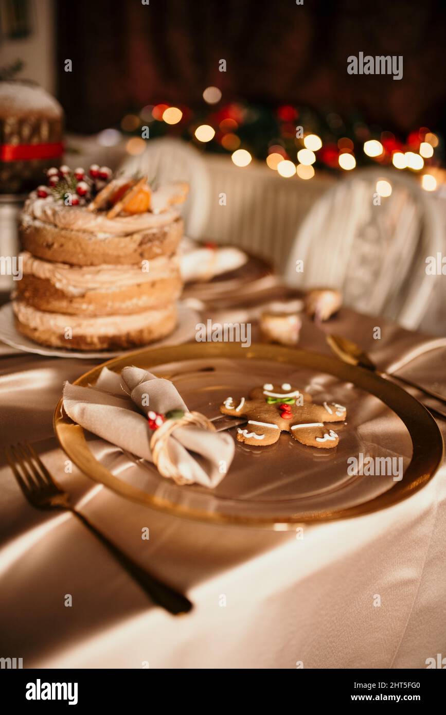 Christmas table with decorations for family gatherings Stock Photo - Alamy