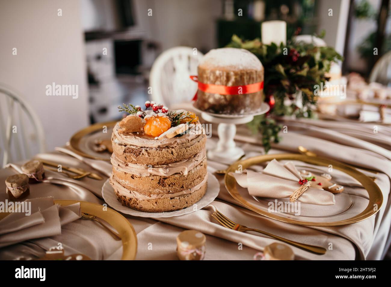 Christmas table with decorations for family gatherings Stock Photo - Alamy