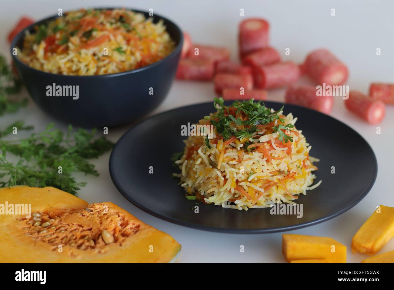 One pot rice preparation with basmati rice, grated pumpkin and carrots ...