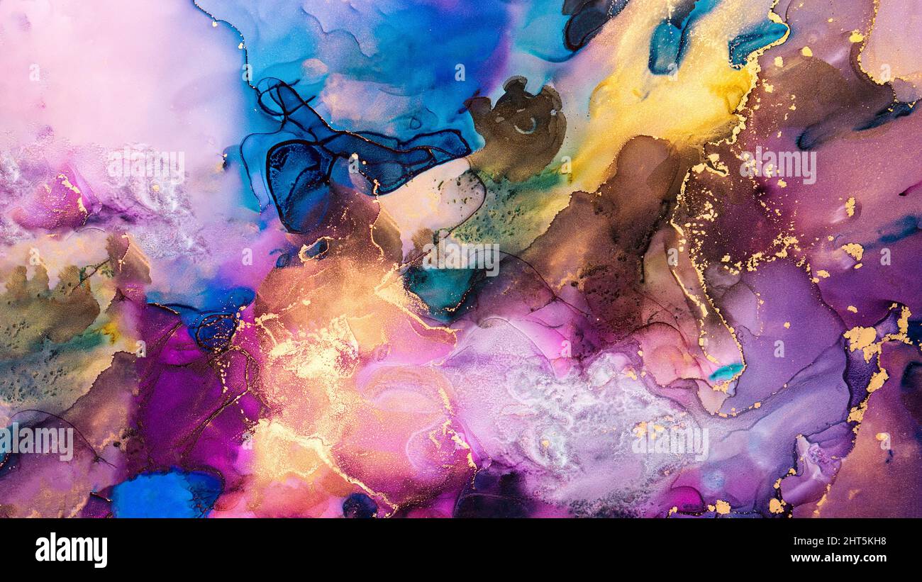 Abstract smudges and stains made with alcohol ink and golden pigment ...