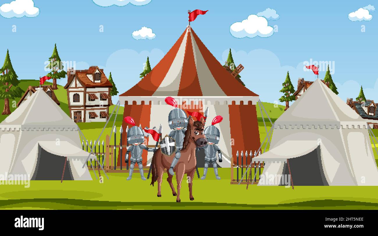 Medieval town scene camp with tents illustration Stock Vector Image ...