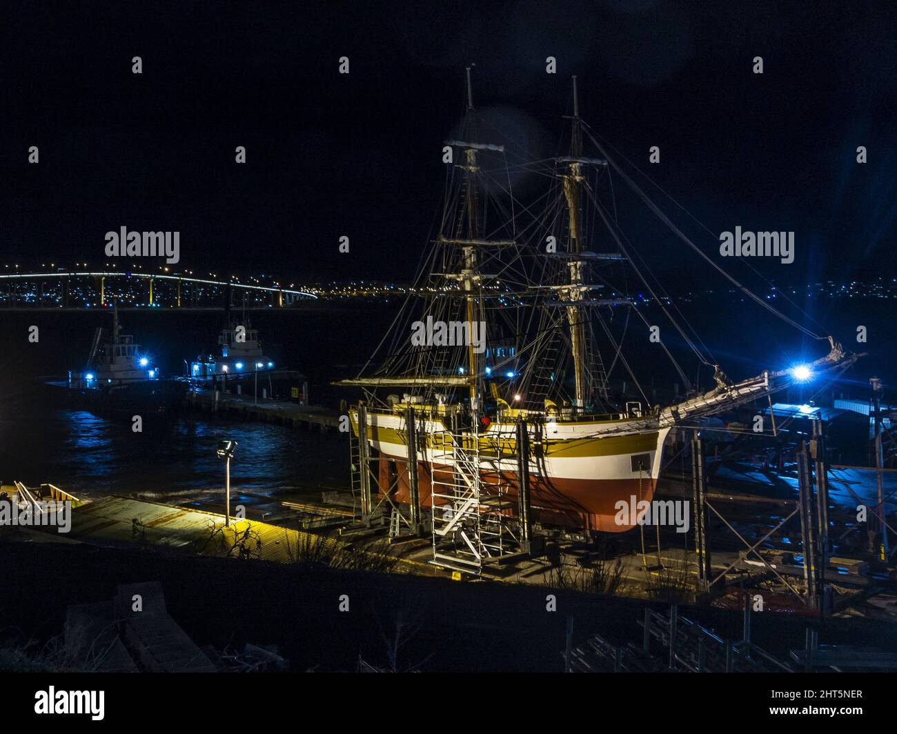 Wooden tall ship in the nighttime Stock Photo - Alamy