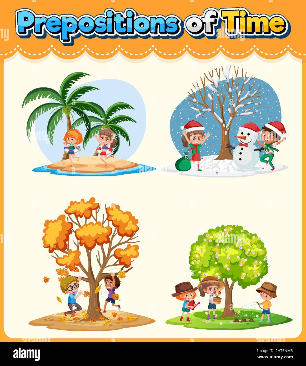 Prepostion wordcard design with four seasons illustration Stock Vector ...