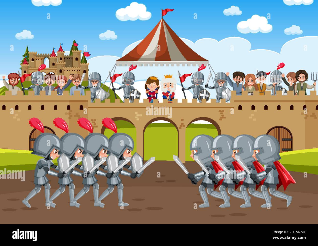 Medieval scene with royalty character and armor knights illustration ...