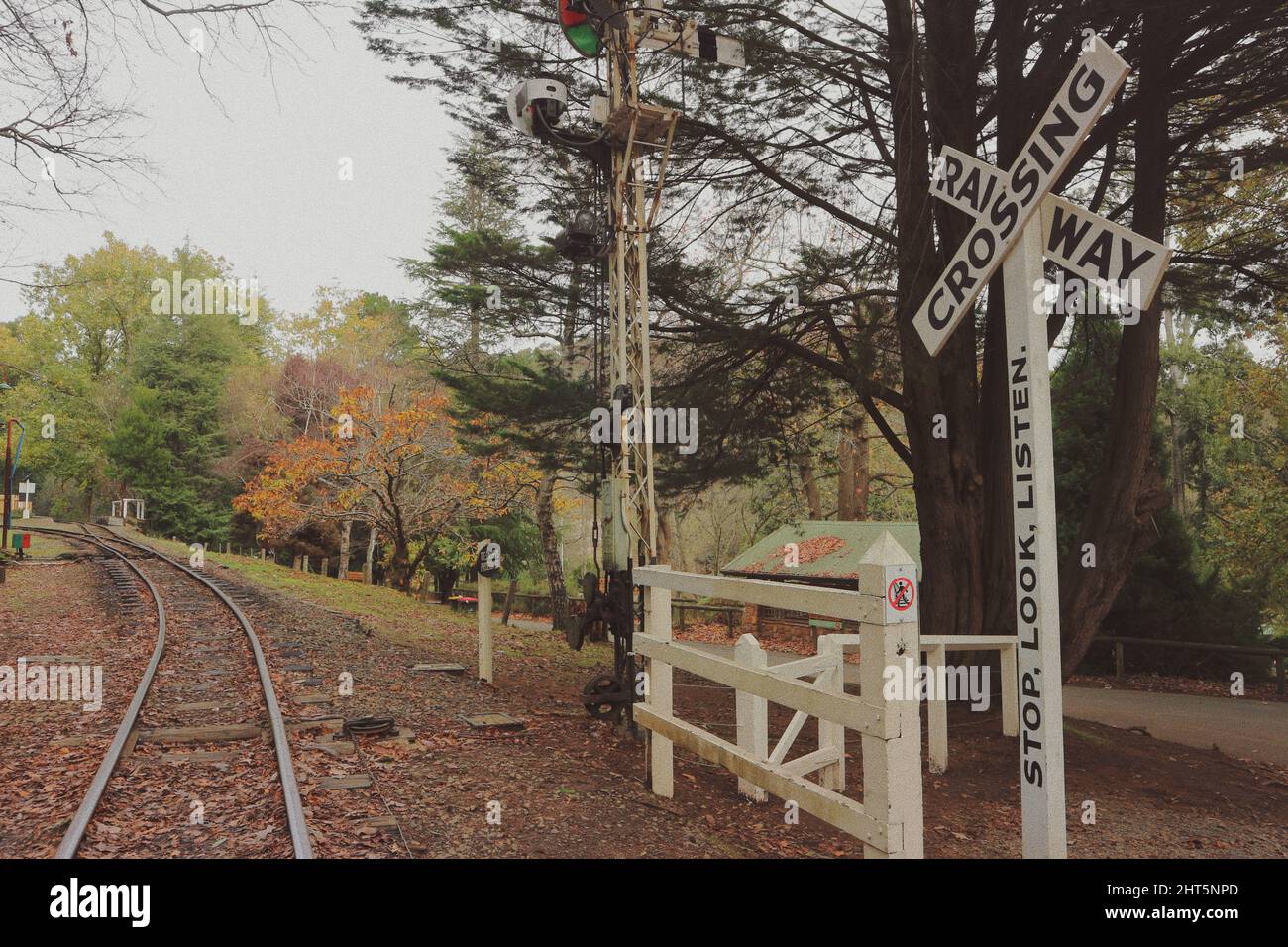 Railway crossing gate in a forest Stock Photo - Alamy