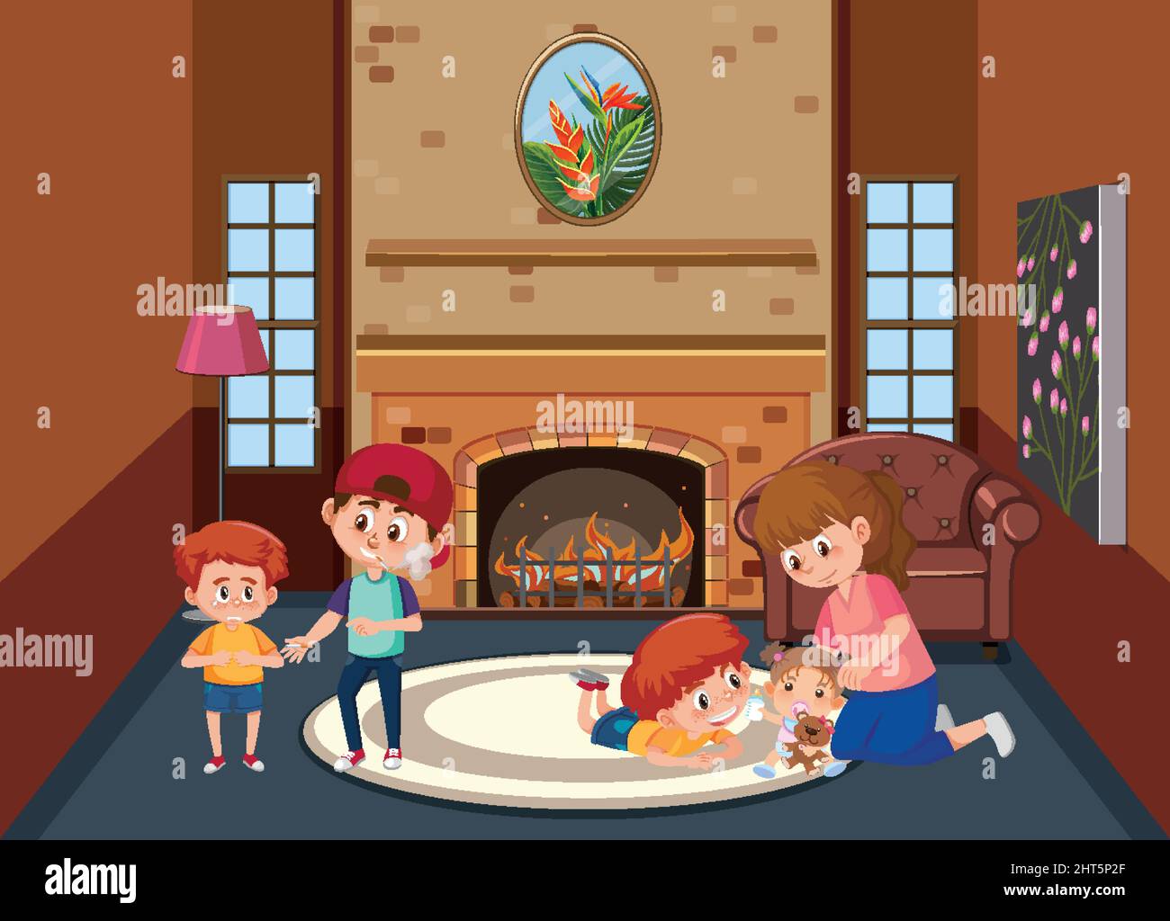 Living room scene with family members illustration Stock Vector Image ...