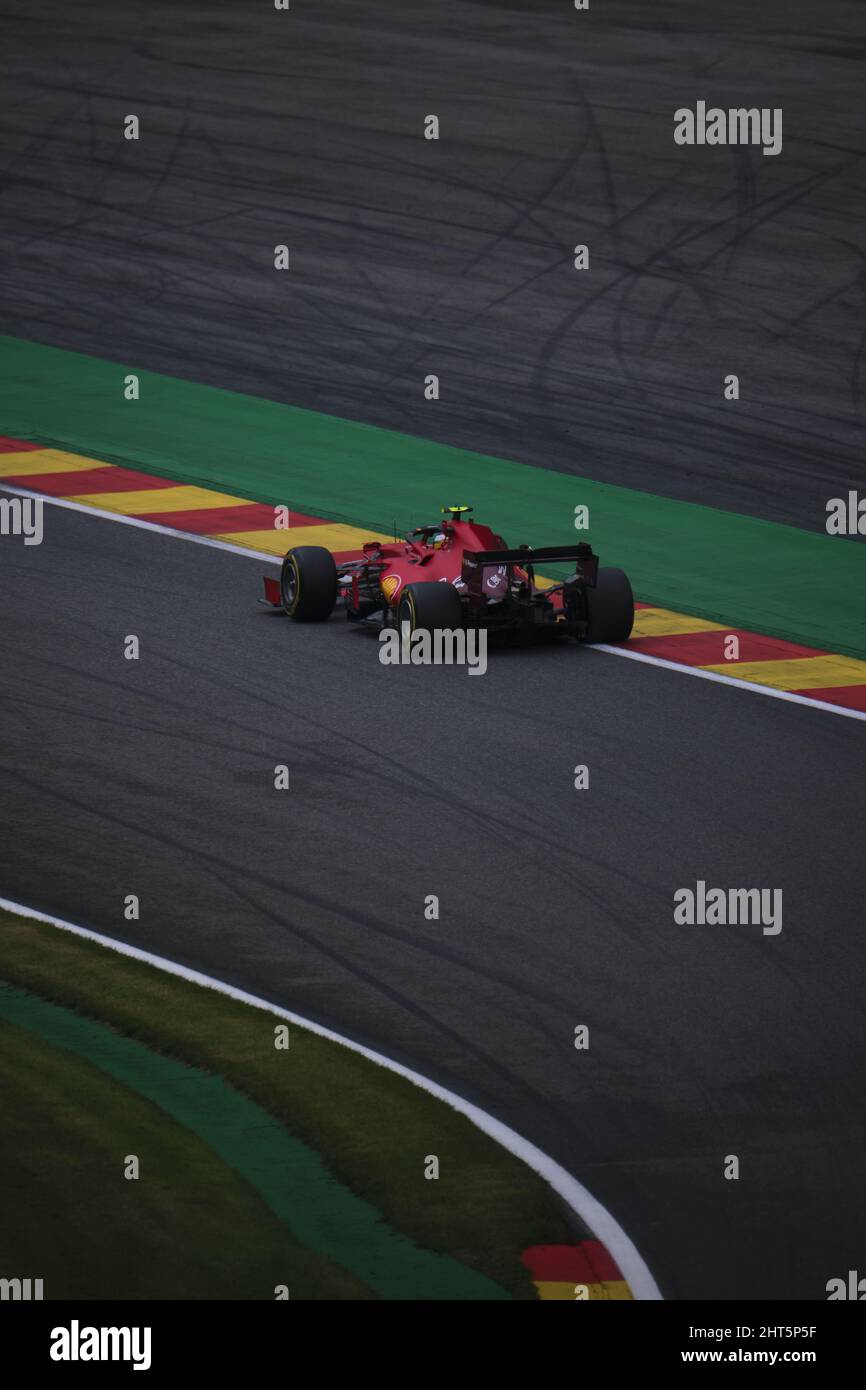 Vertical shot of a Ferrari formula 1 truck on the road at Circuit de ...