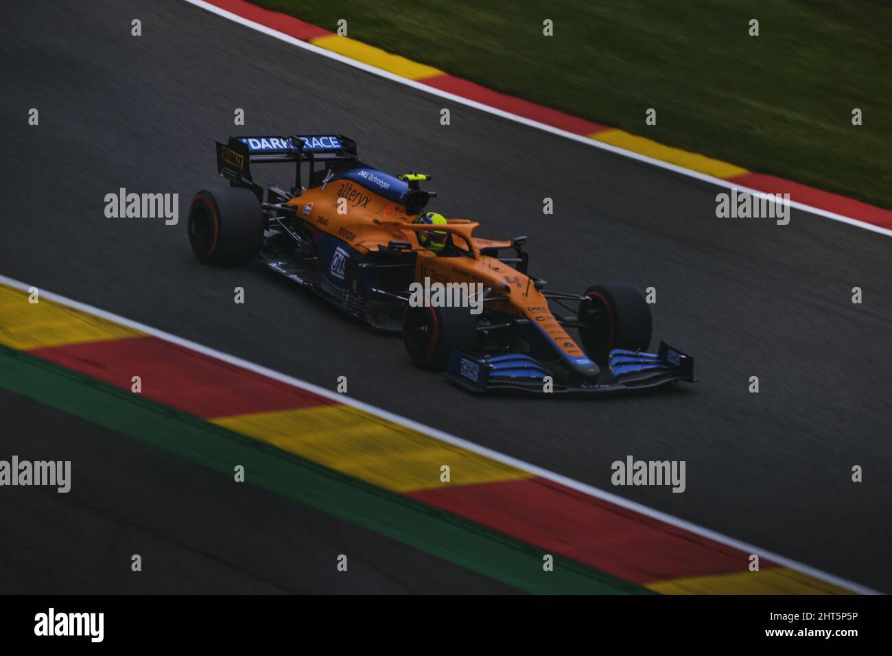 Closeup of a race car during Formula 1 at Circuit de Spa-Francorchamps ...