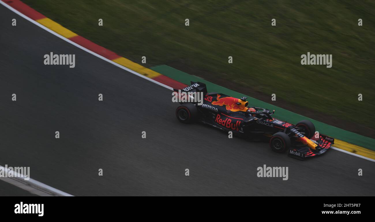 Closeup of a race car during Formula 1 at Circuit de Spa-Francorchamps ...