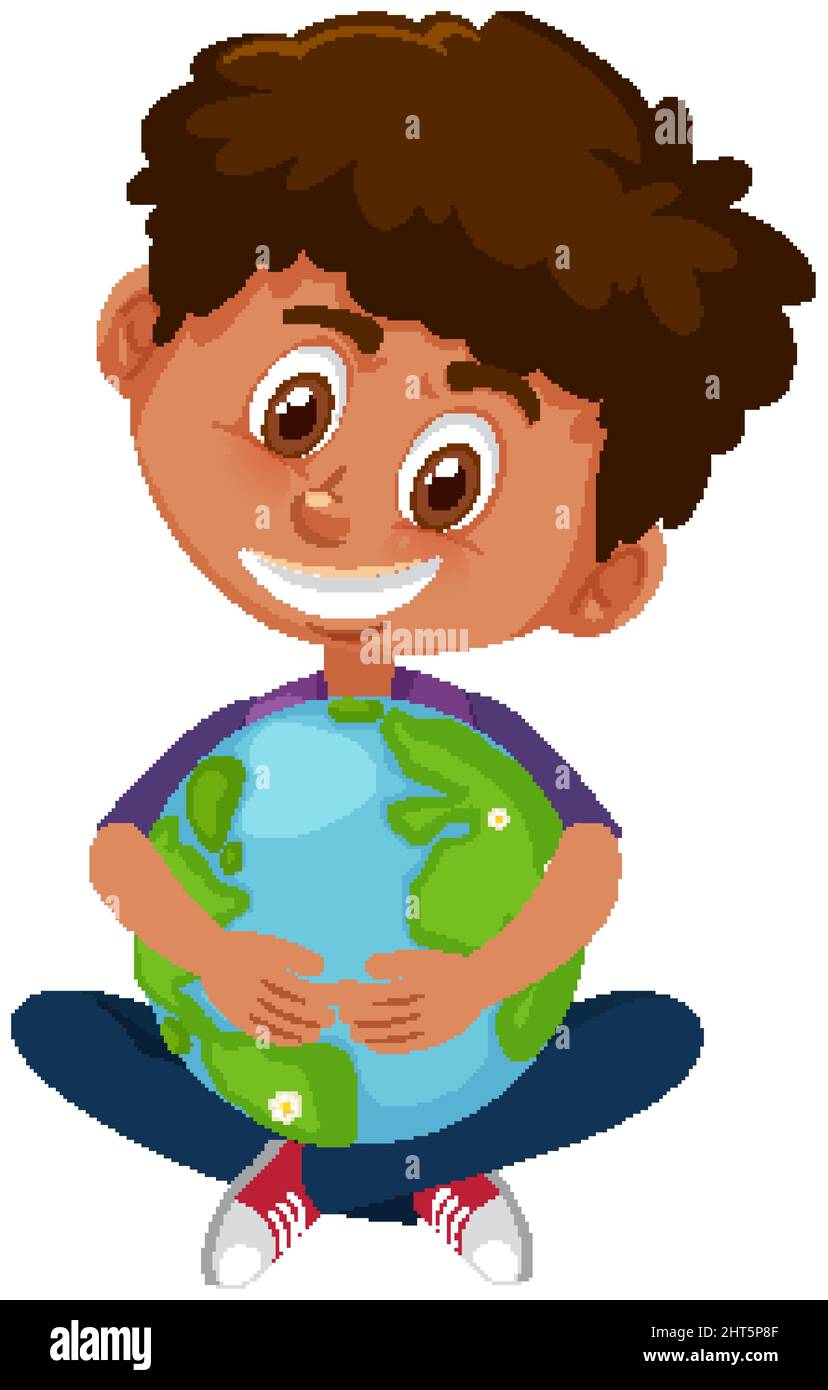 Cute boy hugging earth globe in cartoon style illustration Stock Vector ...