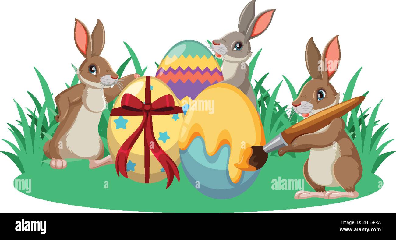 Easter bunnies painting eggs in garden illustration Stock Vector Image ...