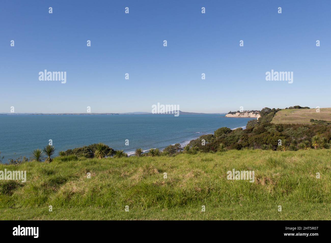 The view of green field, cliff and blue sea on background, Long Bay ...